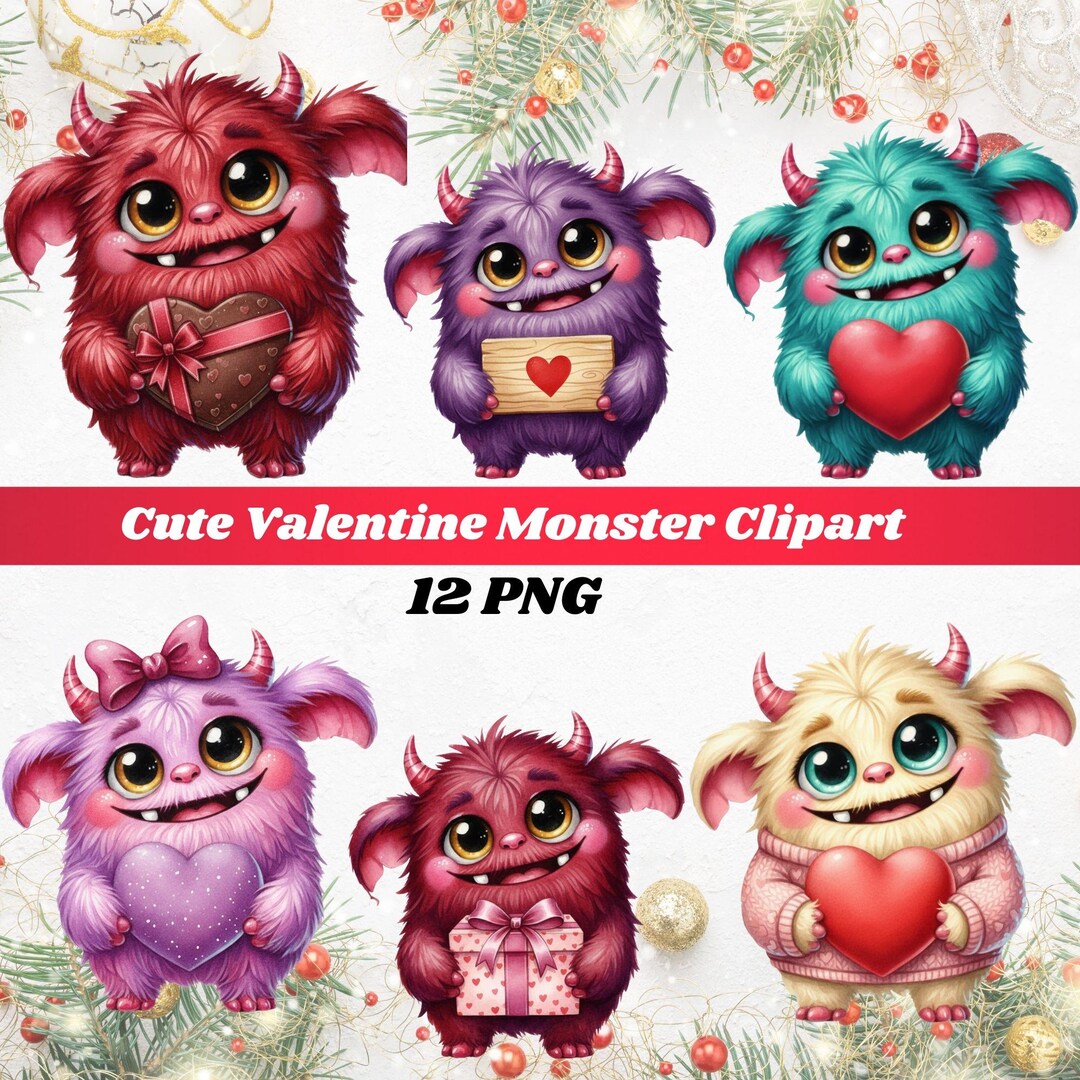 Valentine Monster Clipart PNG Bundle, Kawaii Heart Designs (commercial ...