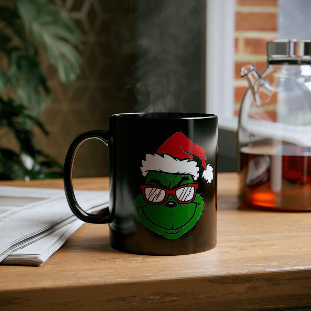 Grinch Face Santa Hat Mug | Black Ceramic Coffee Mug, Neon Green ...
