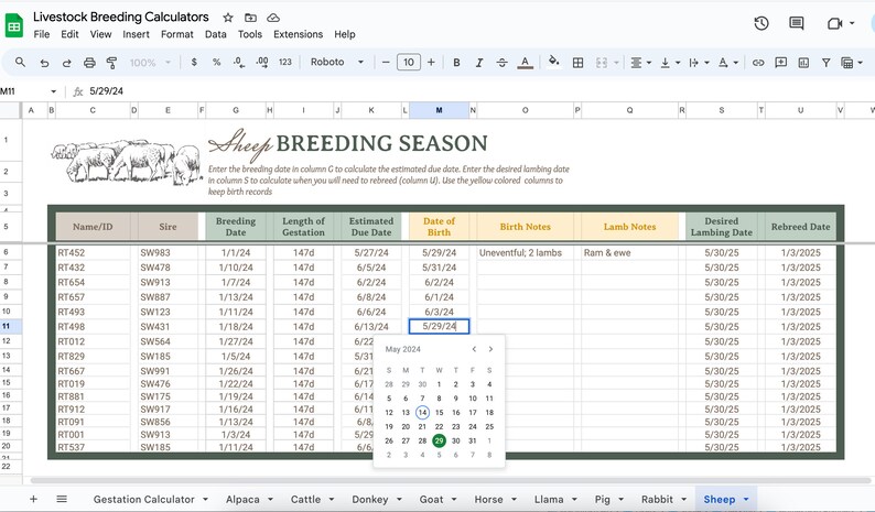 Livestock BREEDING CALCULATOR – Due Dates, Farm Records (google Sheets ...
