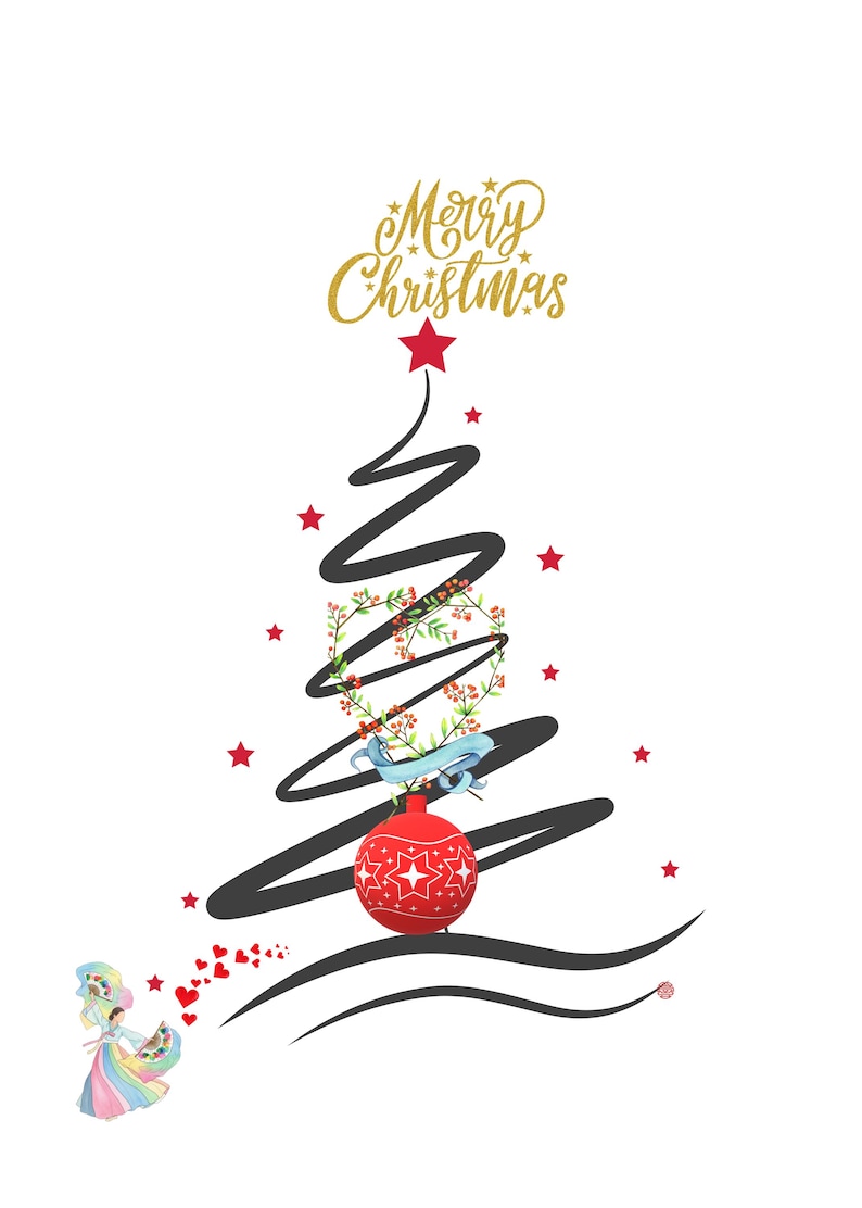 Korean-inspired Printable Christmas Digital Card, Black Brush Tree and ...