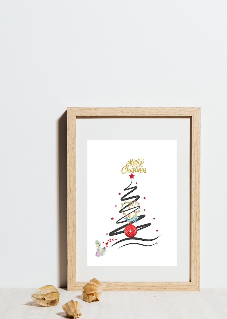Korean-inspired Printable Christmas Digital Card, Black Brush Tree and ...