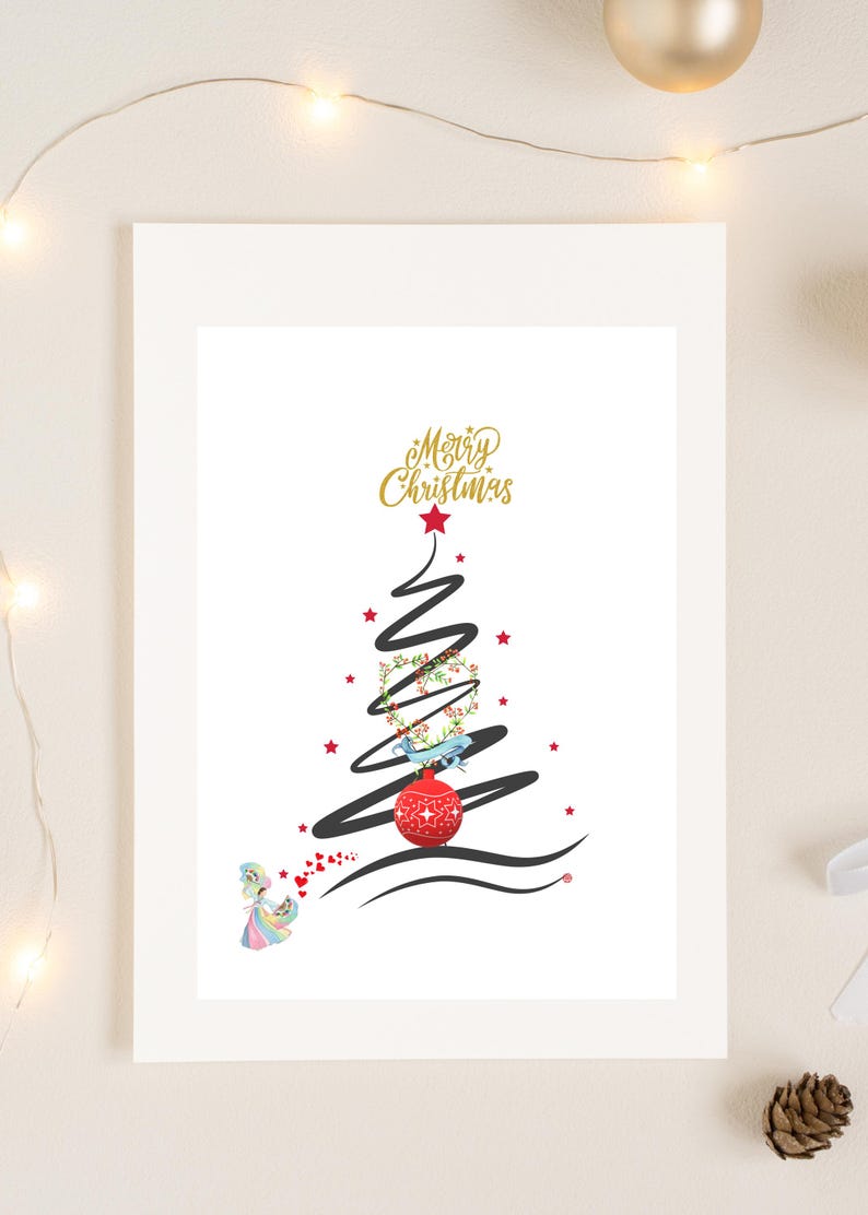Korean-inspired Printable Christmas Digital Card, Black Brush Tree and ...