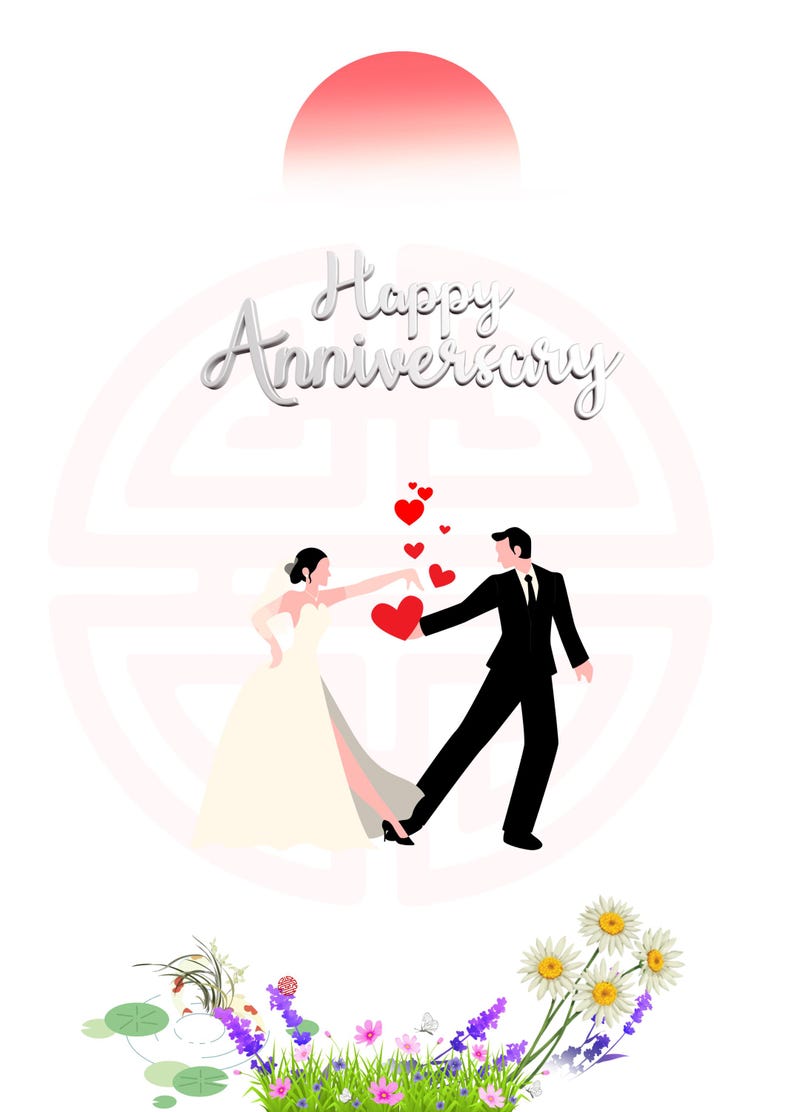 Happy Anniversary Printable Card—romantic Couple With Flowers, Elegant ...