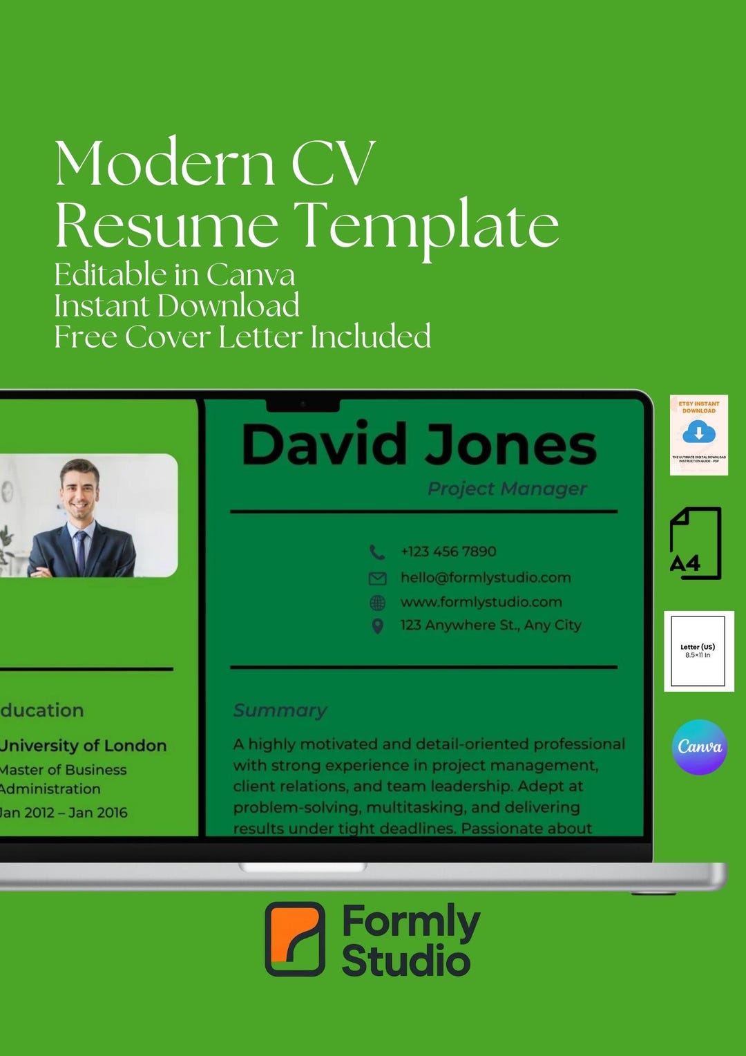Modern CV Template BASIC | Canva Editable Resume, Cover Letter (digital ...