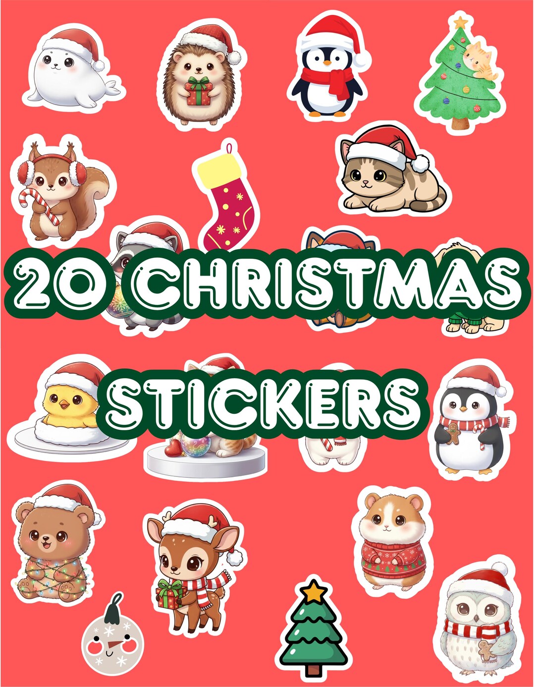 Printable Christmas Stickers, Cute Animals Sticker Sheet, DIY Xmas ...