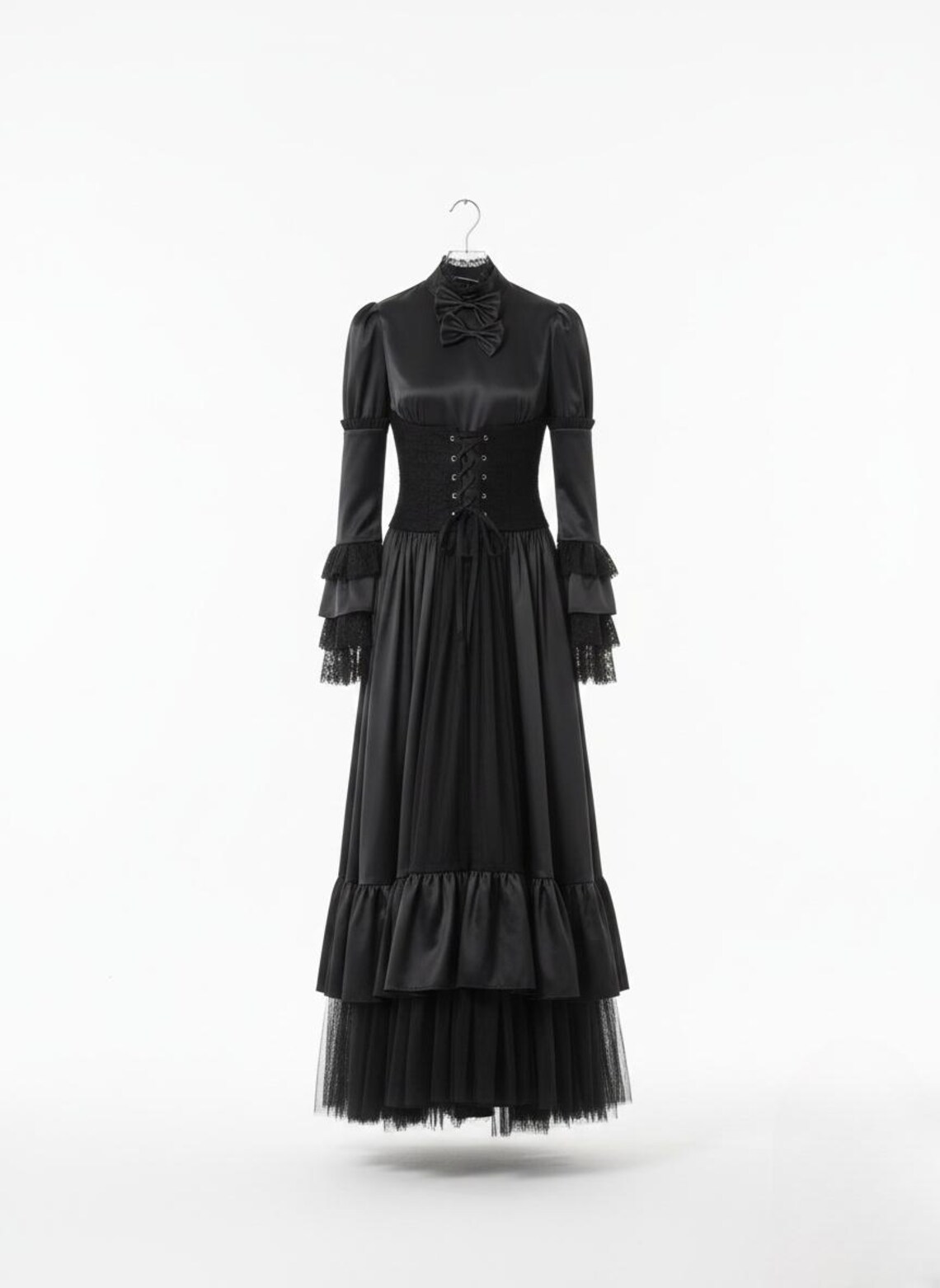 Gothic Victorian Corset Dress – High Neck Bow, Puffed Sleeves Ruffled ...