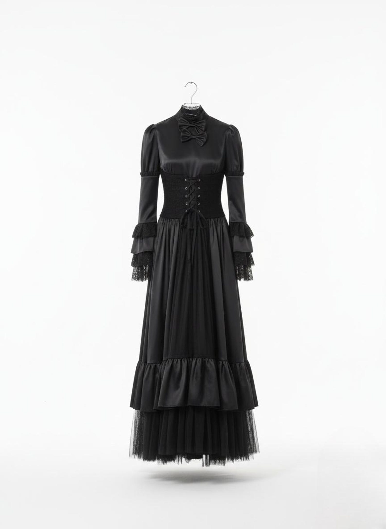 Gothic Victorian Corset Dress – High Neck Bow, Puffed Sleeves Ruffled ...
