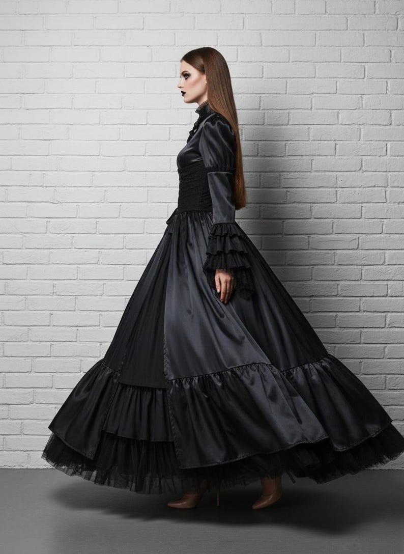 Gothic Victorian Corset Dress – High Neck Bow, Puffed Sleeves Ruffled ...
