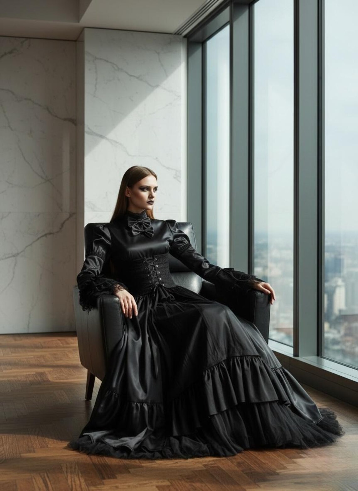 Gothic Victorian Corset Dress – High Neck Bow, Puffed Sleeves Ruffled ...