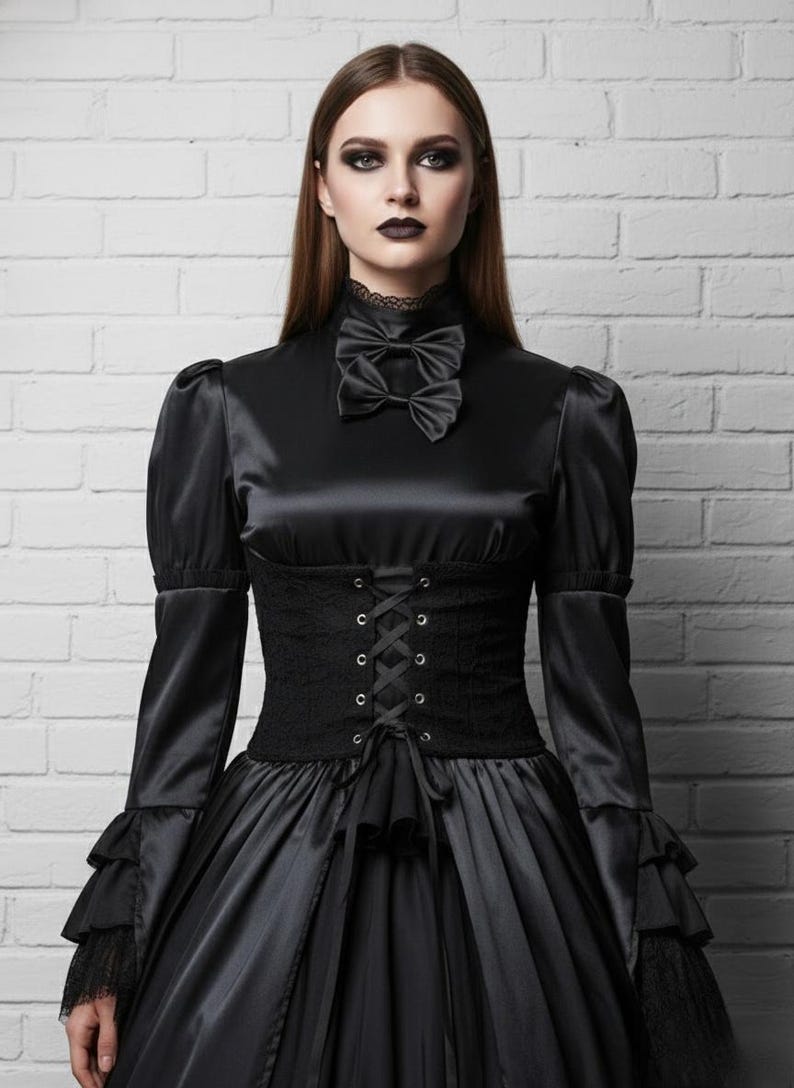 Gothic Victorian Corset Dress – High Neck Bow, Puffed Sleeves Ruffled ...