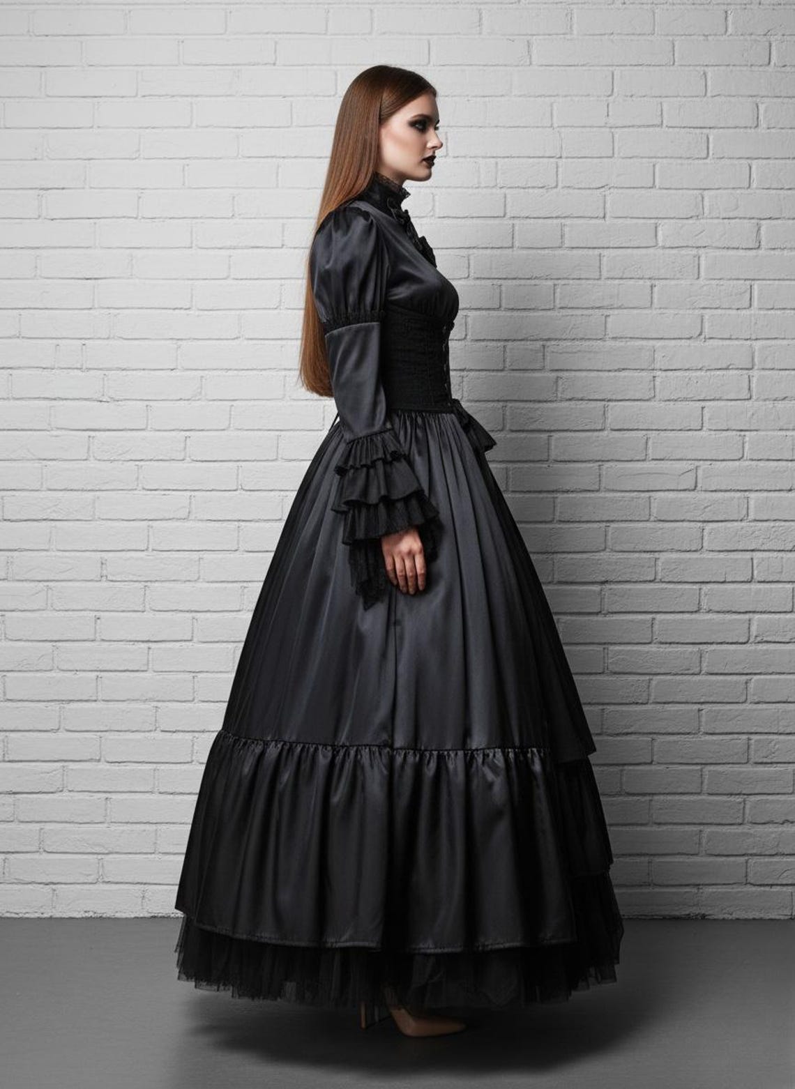 Gothic Victorian Corset Dress – High Neck Bow, Puffed Sleeves Ruffled ...
