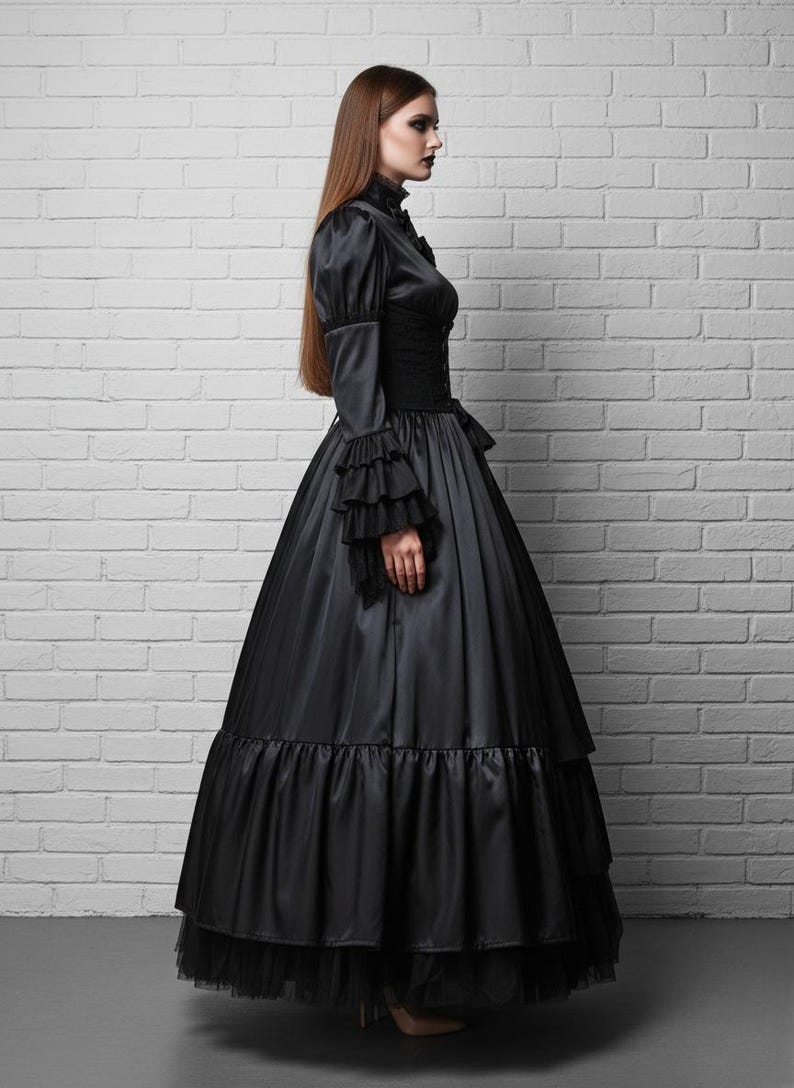 Gothic Victorian Corset Dress – High Neck Bow, Puffed Sleeves Ruffled ...