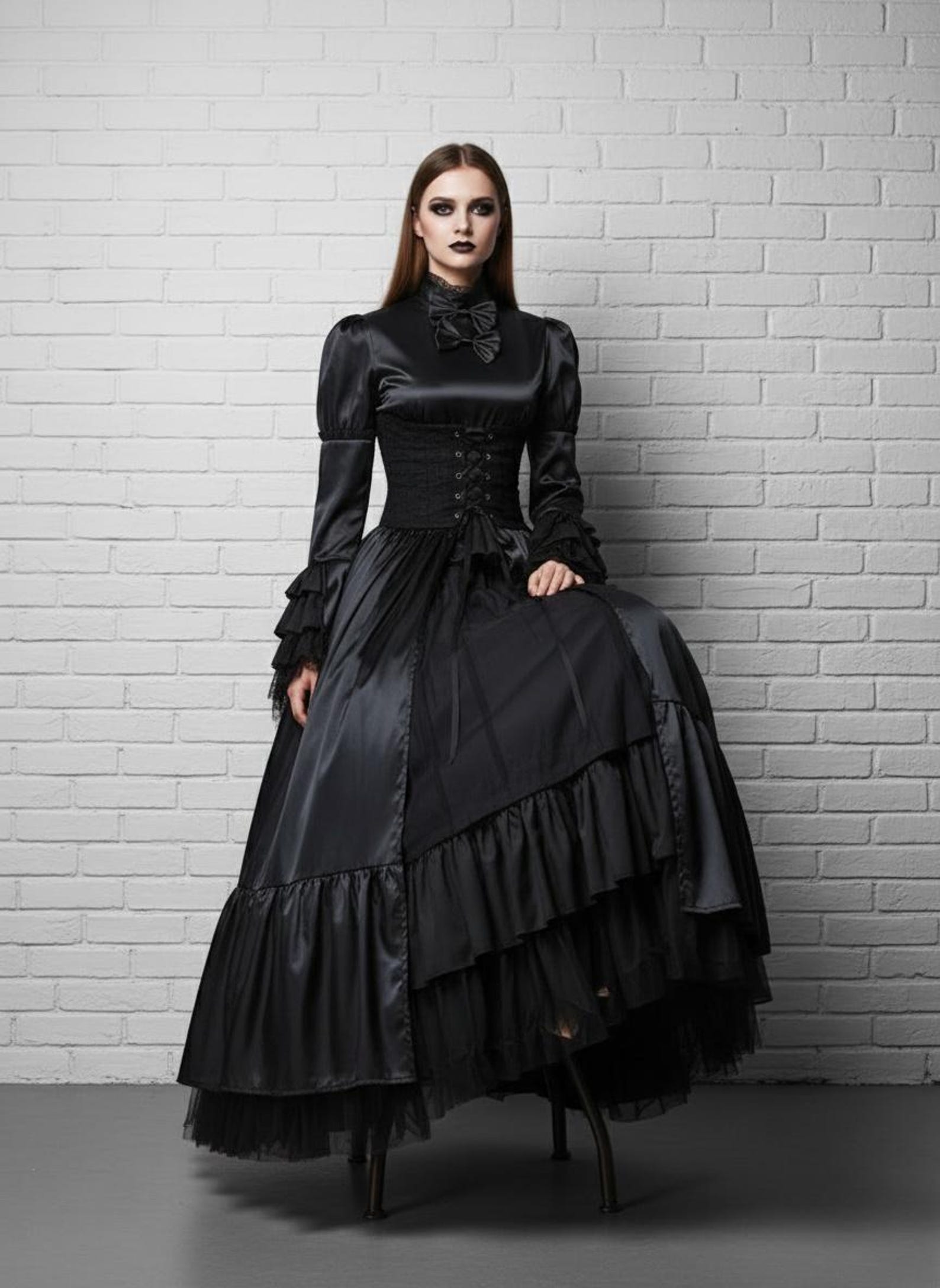 Gothic Victorian Corset Dress – High Neck Bow, Puffed Sleeves Ruffled ...