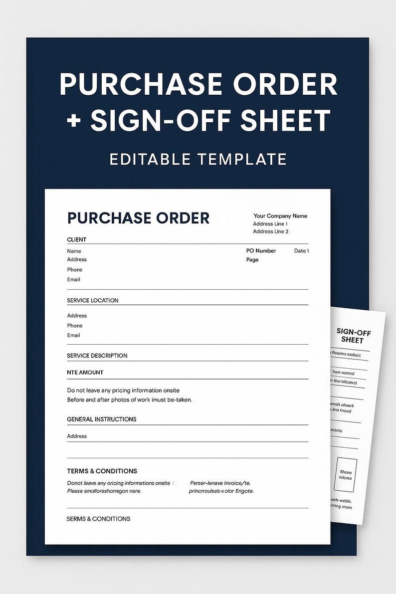 Editable Purchase Order Template With Sign-off Sheet (PDF & Word) - Etsy