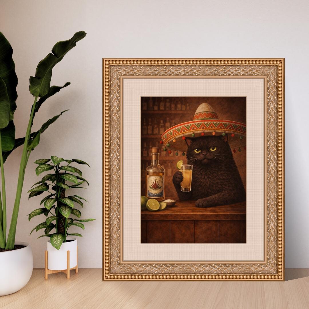Tequila Cat Wall Art Printable – Funny Black Cat With Sombrero ...