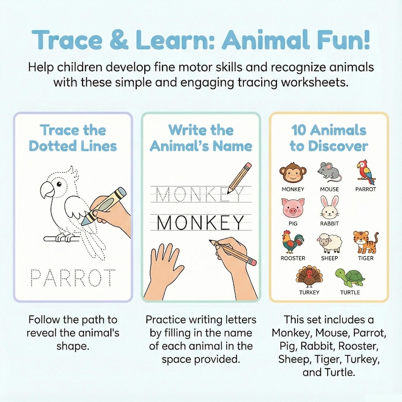 Trace and Color Letters Worksheets Bundle, Animal Preschool Tracing ...