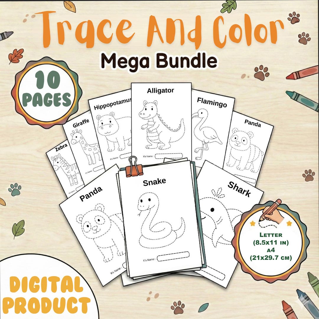 10 Coloring Page Worksheets Bundle, Animal Preschool Tracing & Coloring ...