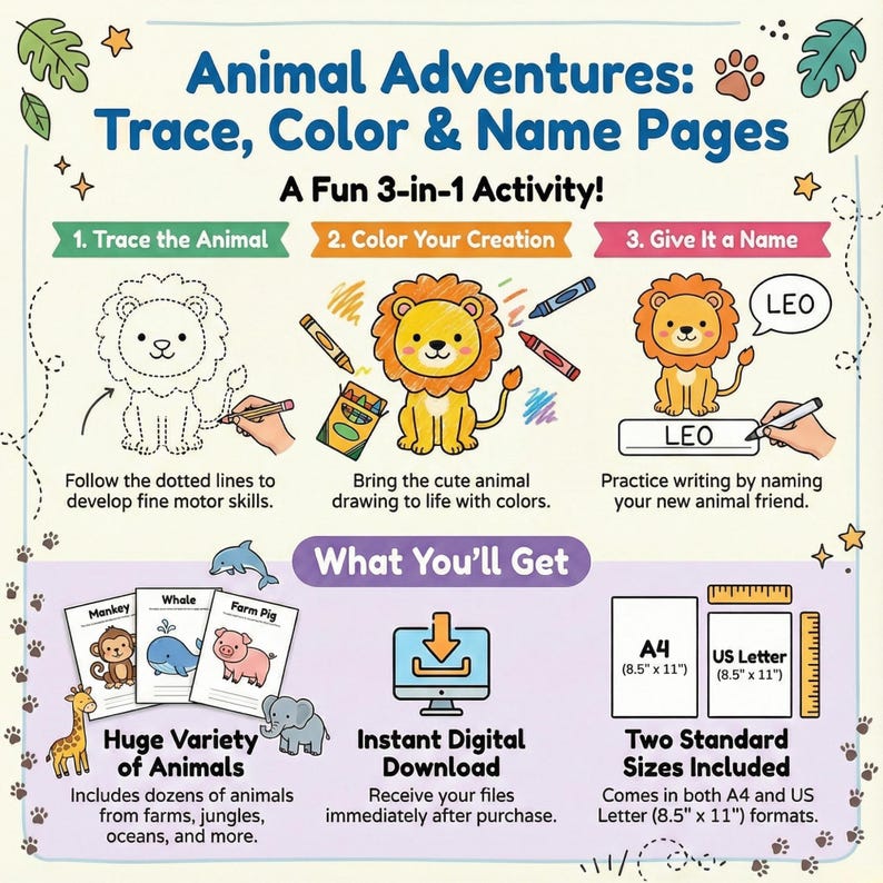 Trace and Color Letters Worksheets Bundle, Animal Preschool Tracing ...