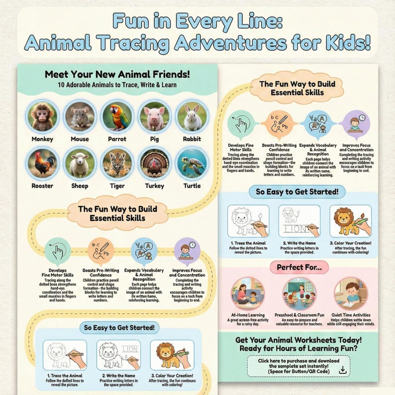 Trace and Color Letters Worksheets Bundle, Animal Preschool Tracing ...