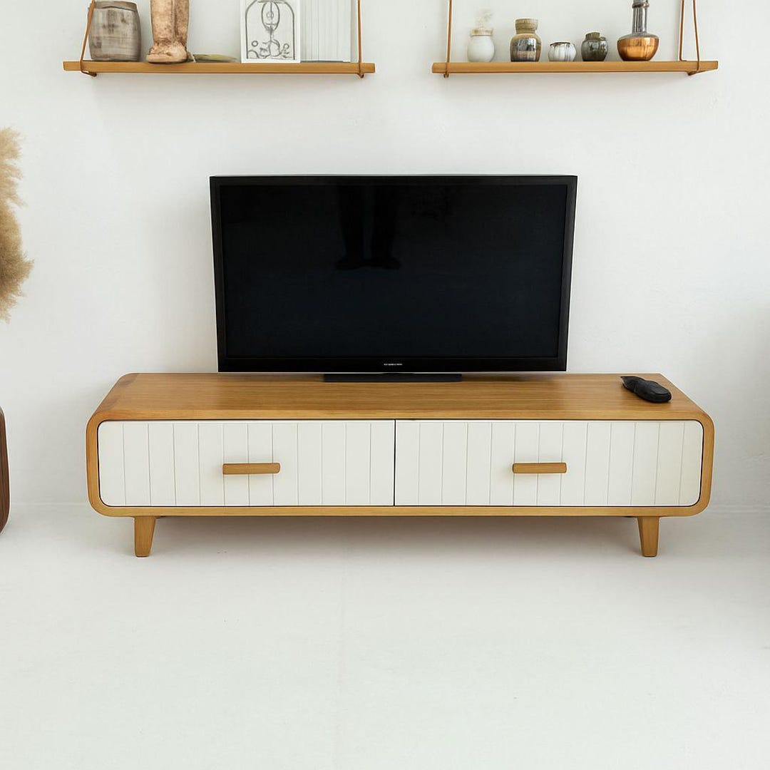 Solid Wood TV Stand With Slatted Doors | Modern Scandinavian Media ...