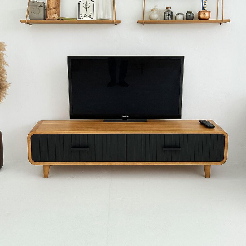 Solid Wood TV Stand With Slatted Doors | Modern Scandinavian Media ...