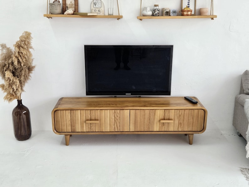 Solid Wood TV Stand With Slatted Doors | Modern Scandinavian Media ...