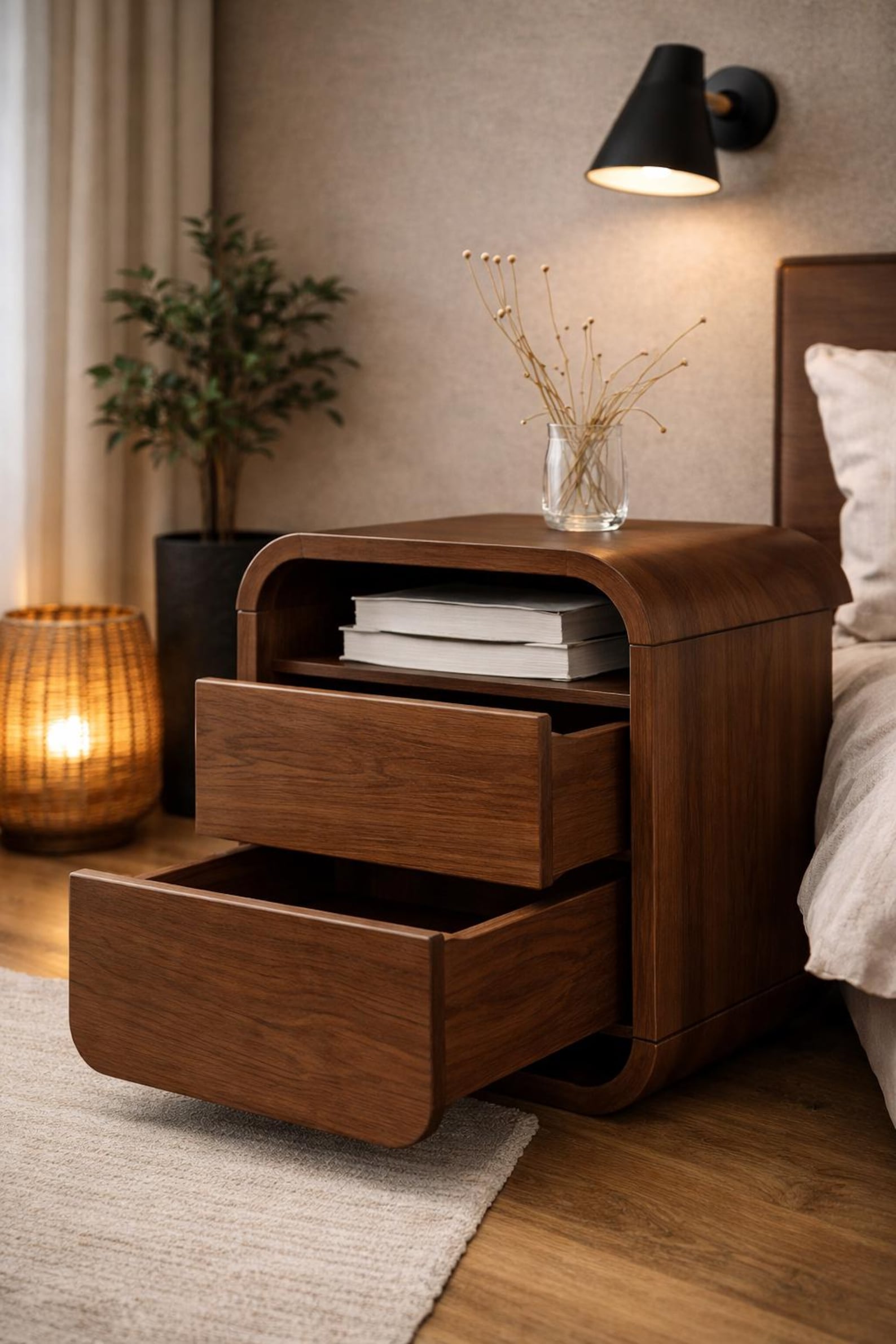 Solid Wood Bedside Table – Walnut Color Nightstand, Minimalist Wooden ...