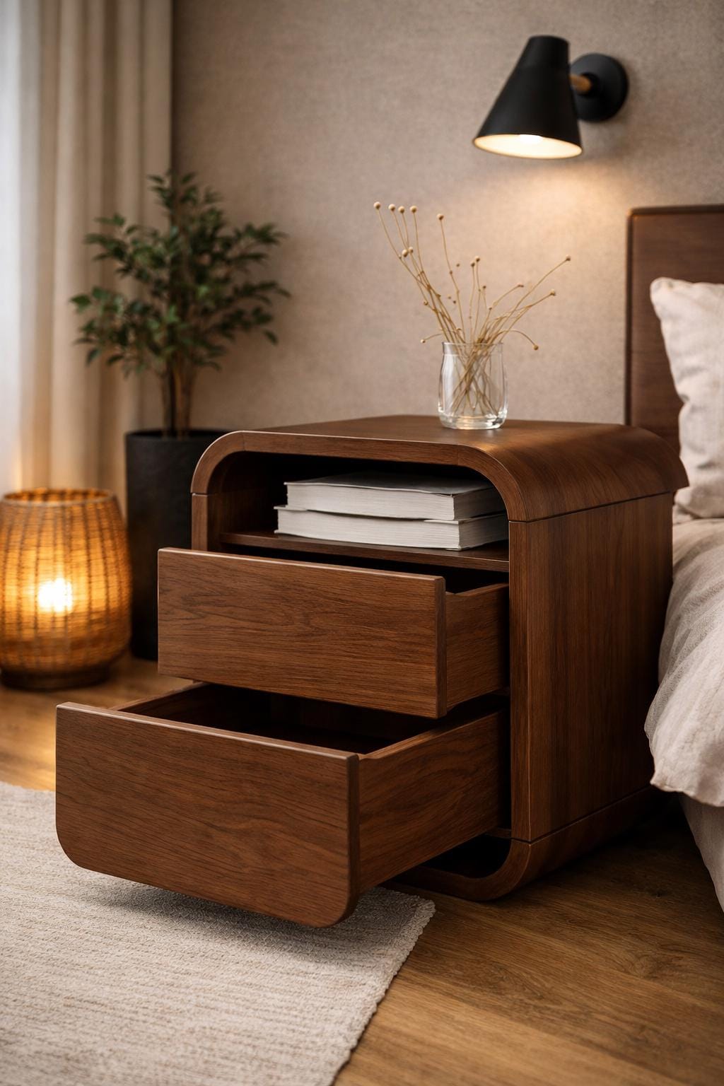 Solid Wood Bedside Table – Walnut Color Nightstand, Minimalist Wooden ...