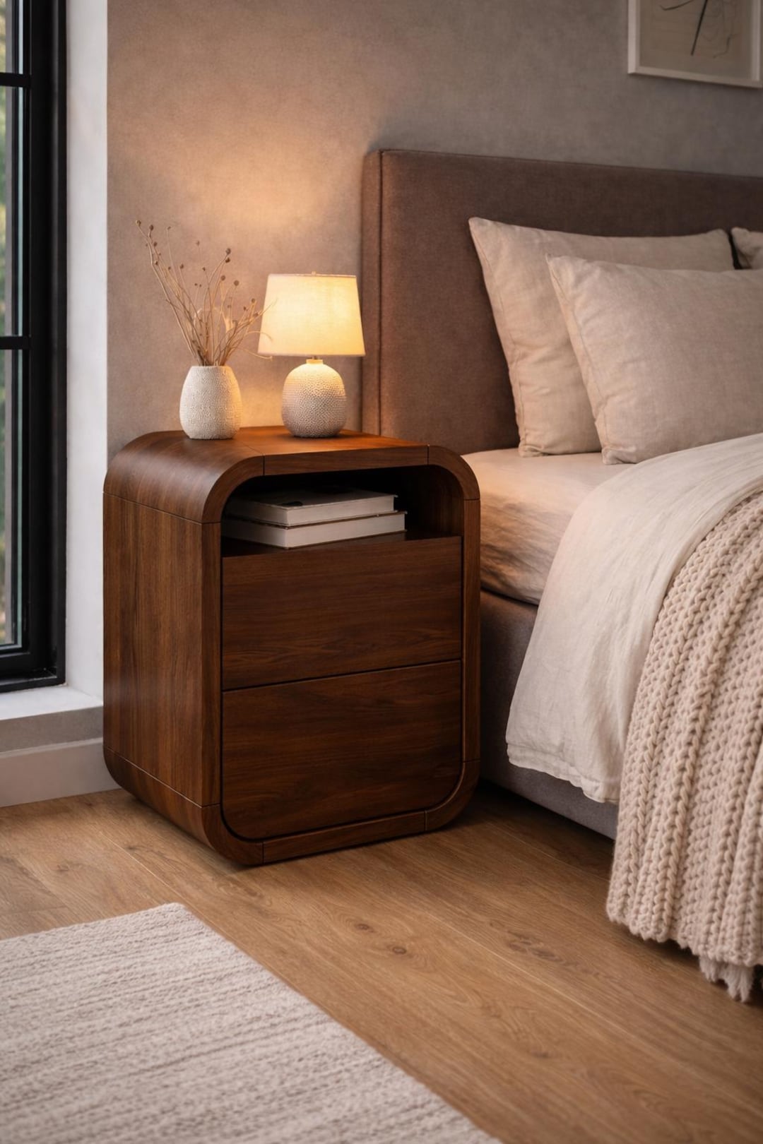Solid Wood Bedside Table – Walnut Color Nightstand, Minimalist Wooden ...
