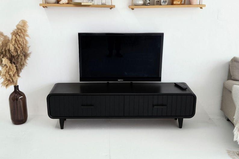 Solid Wood TV Stand With Slatted Doors | Modern Scandinavian Media ...