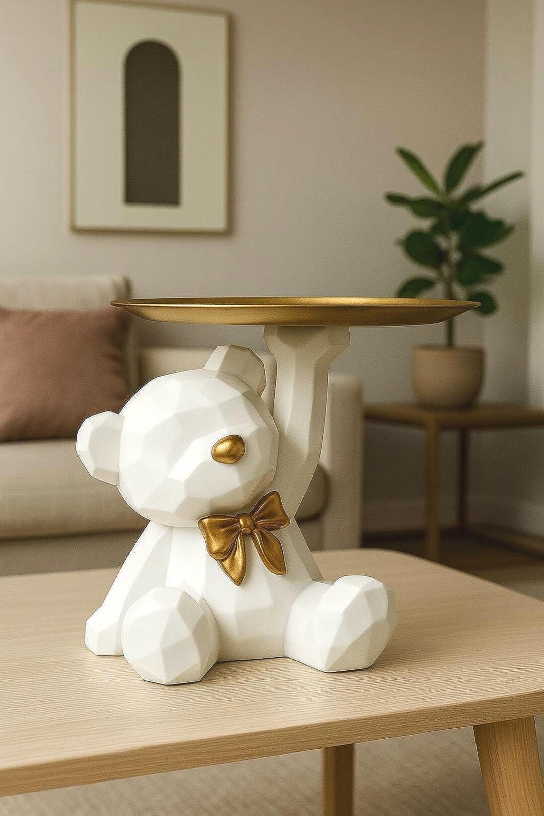 Geometric Teddy Bear Tray | Cute Bear Sculpture With Gold Tray | Kawaii ...