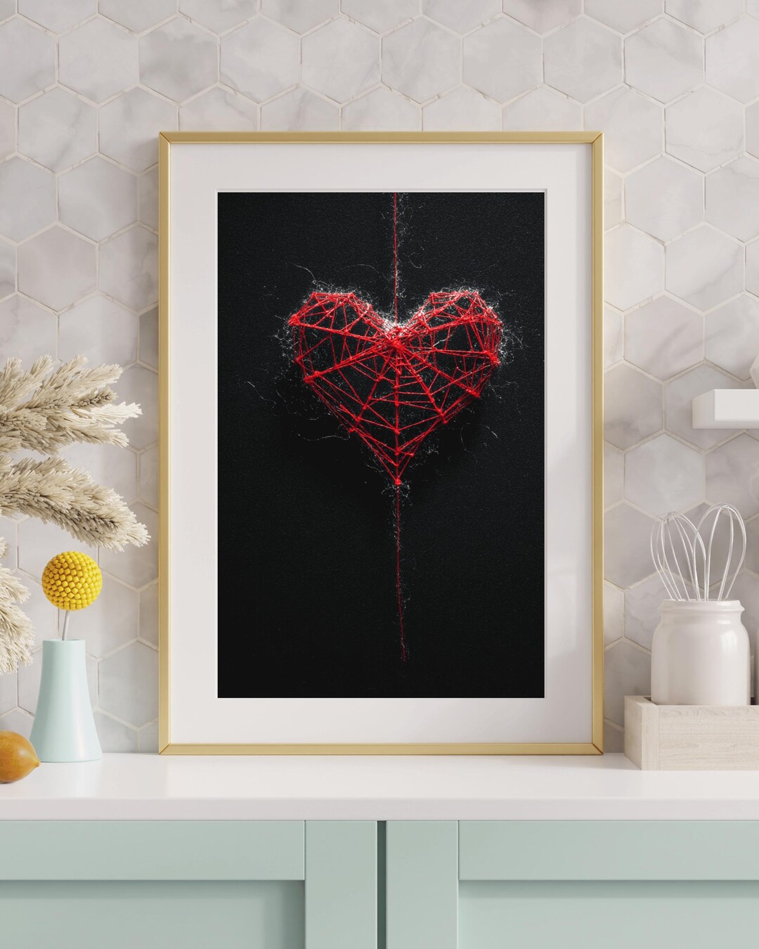 Red Thread Heart Art Print, Dark Love Wall Art, Broken Heart String Art ...