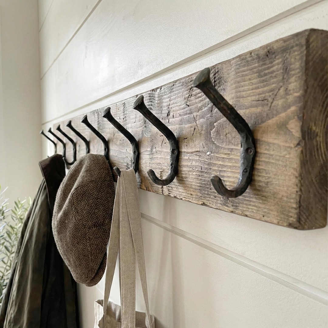Reclaimed Rustic Wood Wall Rack With Hand-forged Iron Hooks, Farmhouse ...
