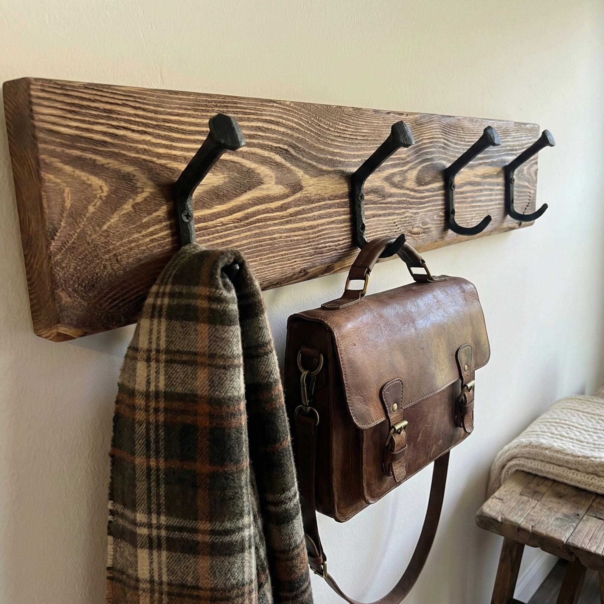 Reclaimed Rustic Wood Wall Rack With Hand-forged Iron Hooks, Farmhouse ...