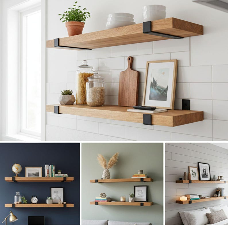 Solid Wood Floating Wall Shelves Set of 2, Modern Farmhouse Wall ...