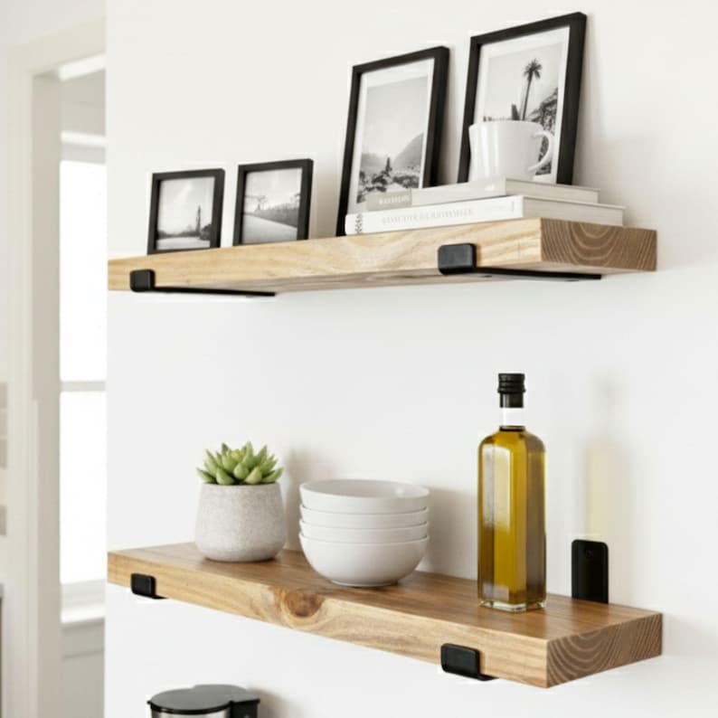 Solid Wood Floating Wall Shelves Set of 2, Modern Farmhouse Wall ...