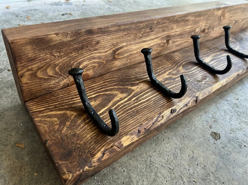 Reclaimed Rustic Wood Wall Shelf With Iron Hooks, Coat Rack, Farmhouse ...