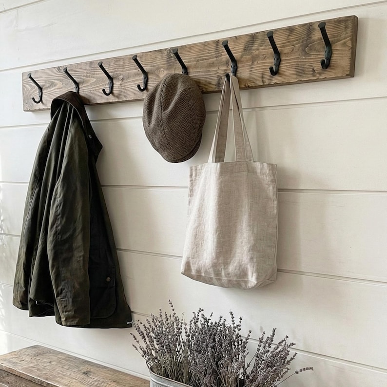 Reclaimed Rustic Wood Wall Rack With Hand-forged Iron Hooks, Farmhouse ...