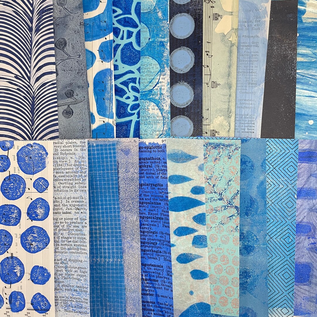 Blue Collage Kit, Collage Papers for Crafts, Stenciled Painted Papers ...