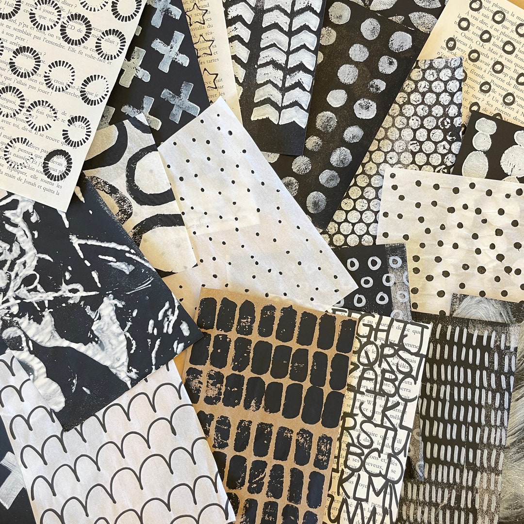 Marks Collage Paper, Black and White Marked Paper, Gelli Prints, Doodle ...
