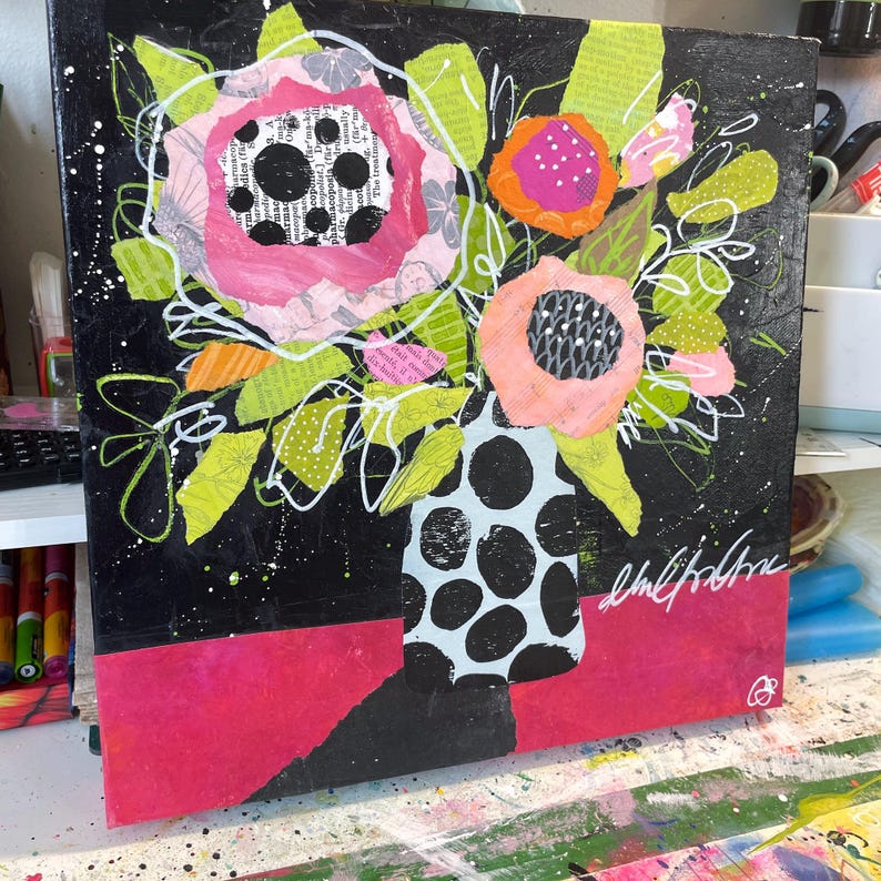 Original Mixed Media Floral Painting, Bold Floral Collage, Original ...