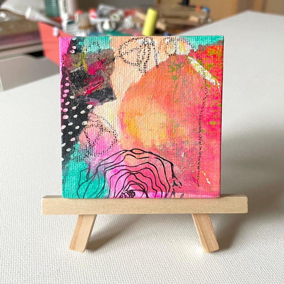 Mini Original Abstract Painting With Easel, Tiny Painting, Mini ...