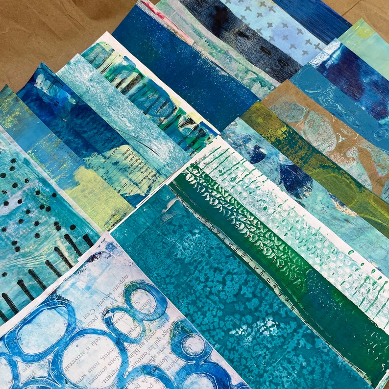 Hand Painted Paper Collage, Blue Art Journal Scrap Pack, Mixed Media ...