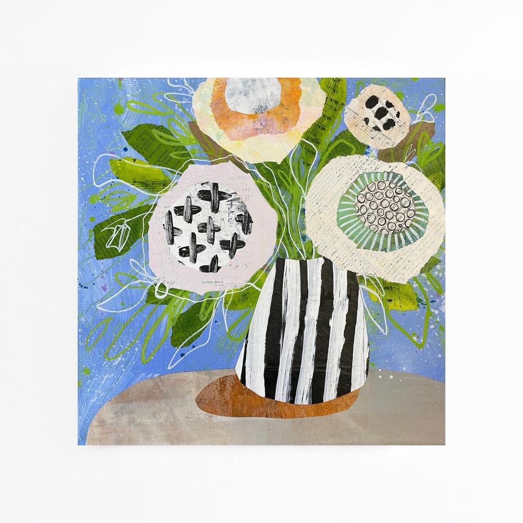 Collage floral original pintado sobre lienzo, arte de técnica mixta a ...