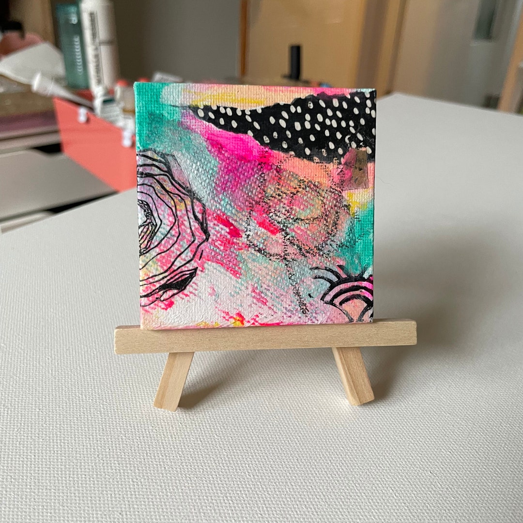 Mini Original Abstract Painting With Easel, Tiny Painting, Mini ...