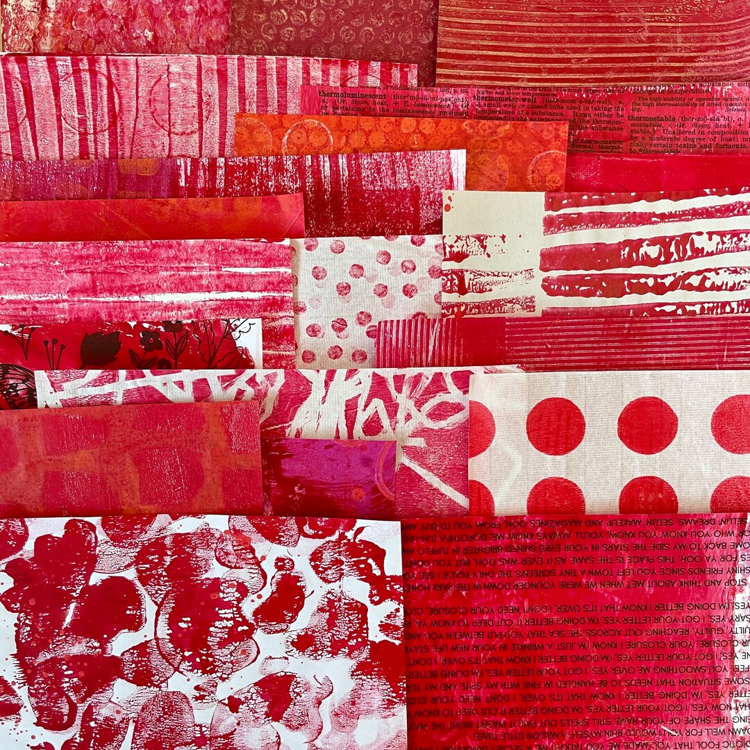 Red Collage Paper, Red Gelli Prints, Art Journal Supplies, Hand Painted ...