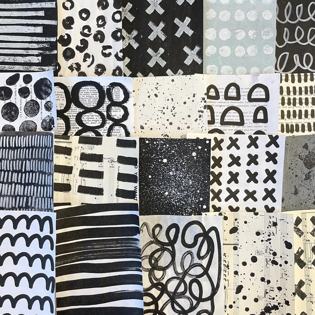 Mark Making Art Journal, Black White Collage Fodder, Hand Painted Paper ...