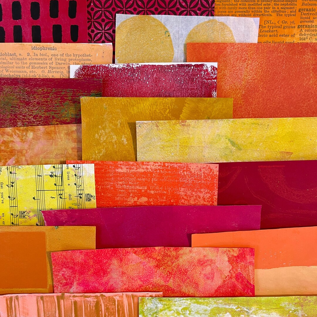 Warm Colors Collage Paper, Gelli Prints, Orange Yellow Red Purple ...