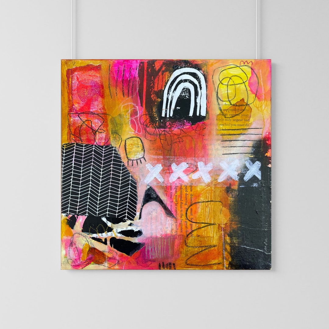 Warm Color Abstract Art, Original Collage Painting, Red Wall Art, Hand ...