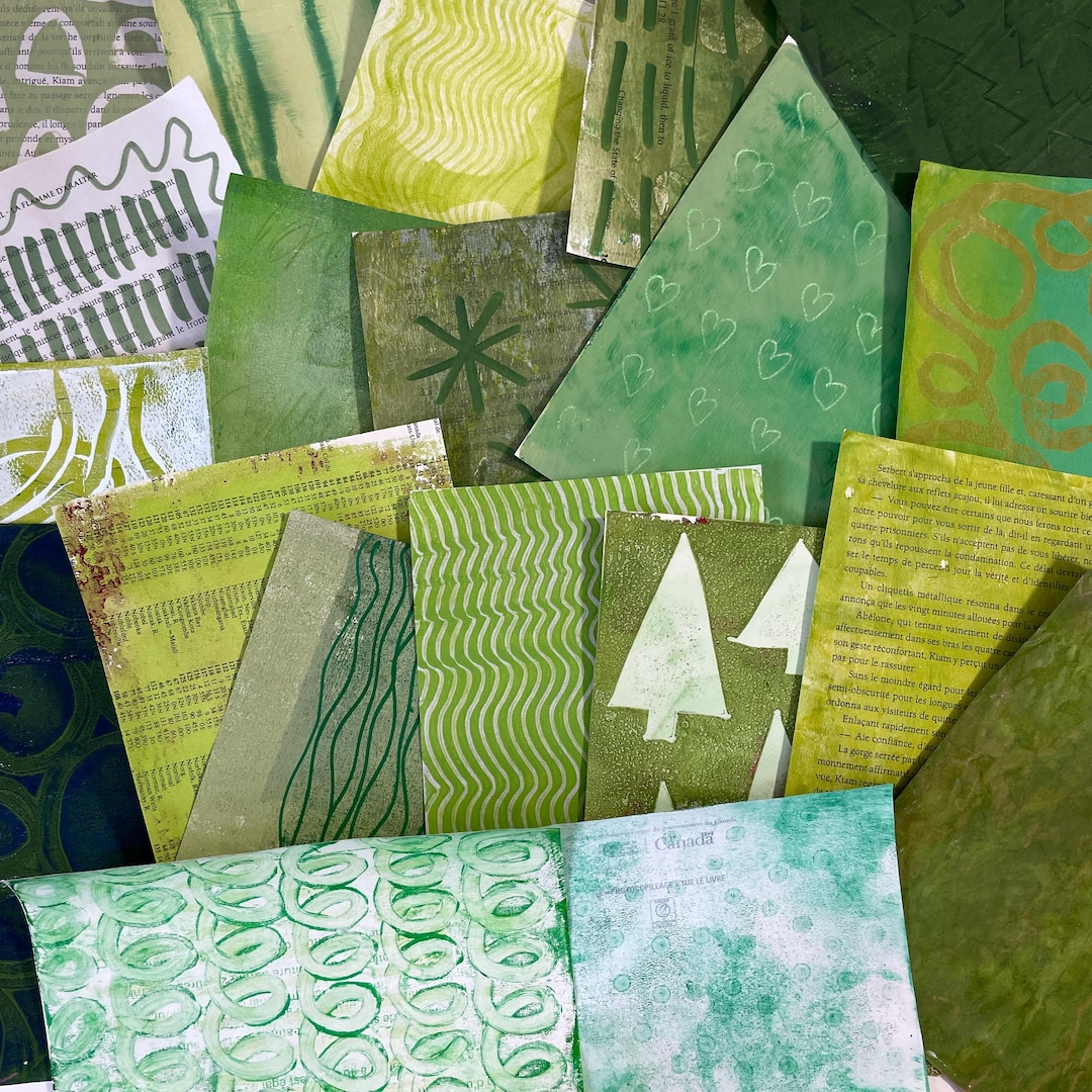 Collage Paper Pack, Gelli Print Hand Painted Fodder, Green Papers ...